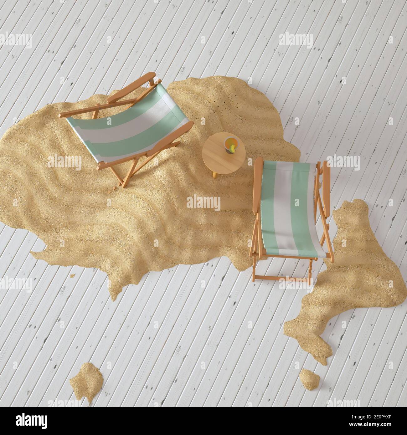 Beach sand, beach chair and umbrella inside living room with a cocktail ...