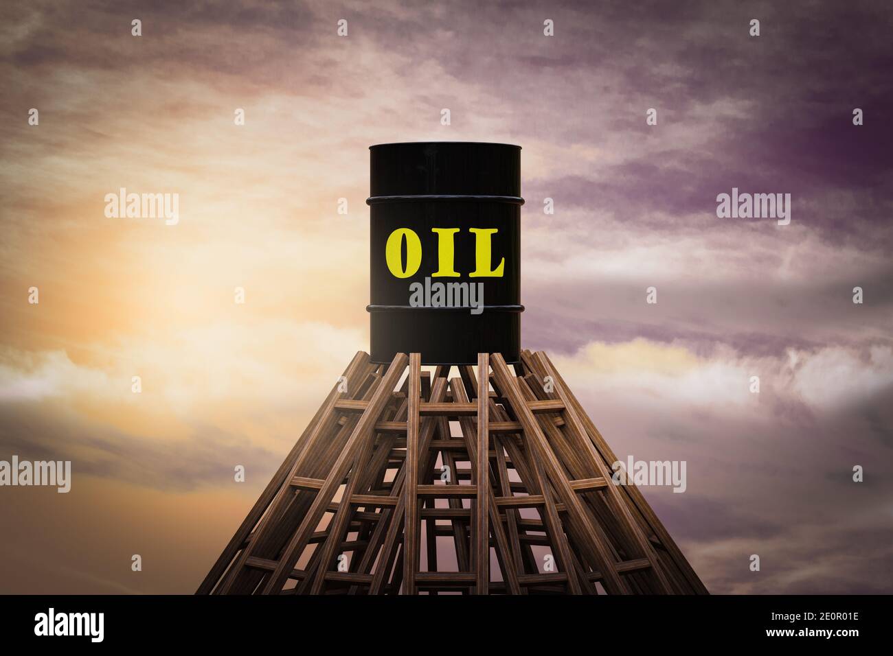 Black Metal Oil Barrel on top of many ladders together as pyramid. Oil ...