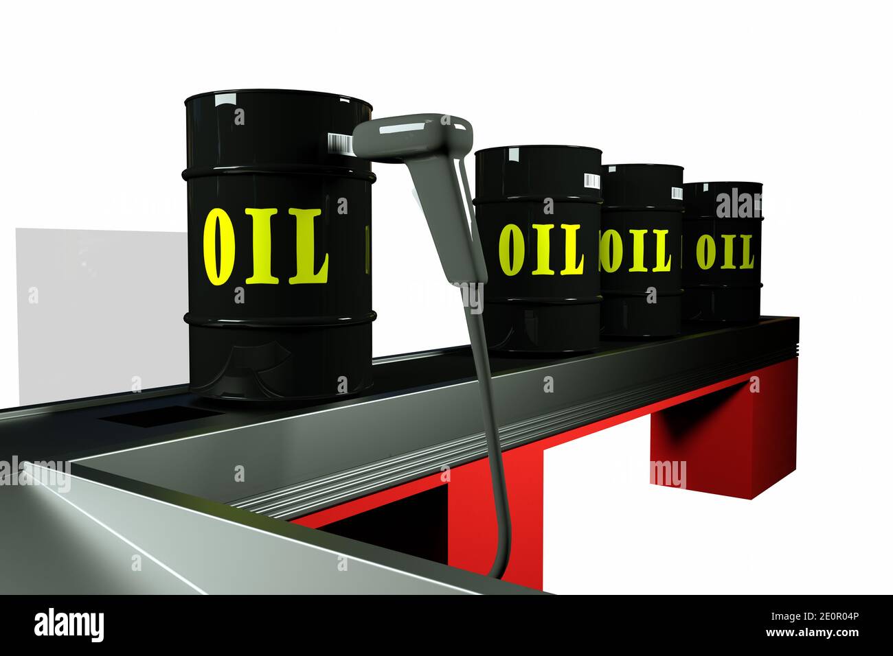 Cash Register with black Metal Oil Barrels on supermarket Belt Counter ...