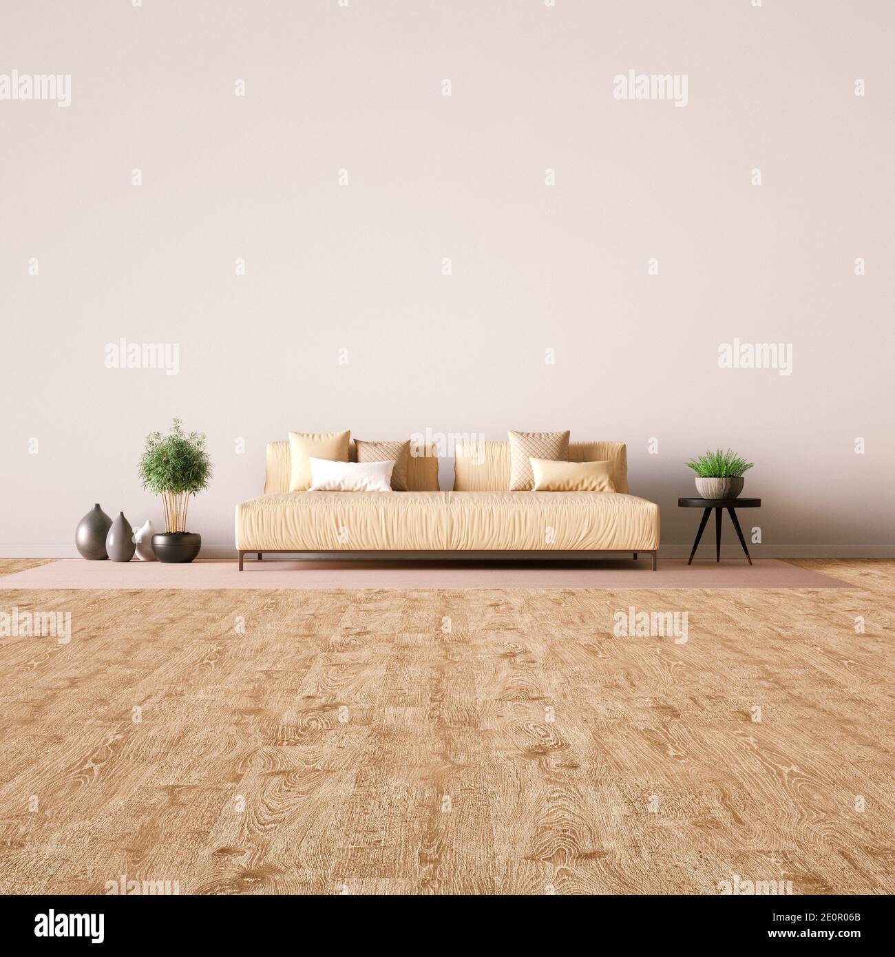 Room with Wooden Flooring and Modern Cozy Sofa 3D Rendering. Front view ...