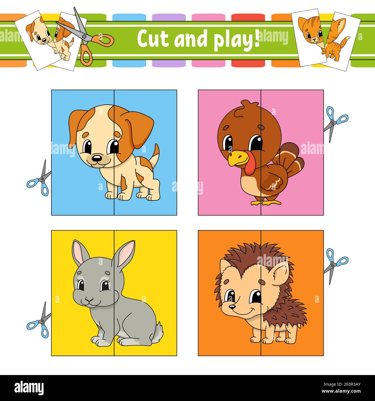 Cut and play. Flash cards. Color puzzle. Education developing worksheet ...