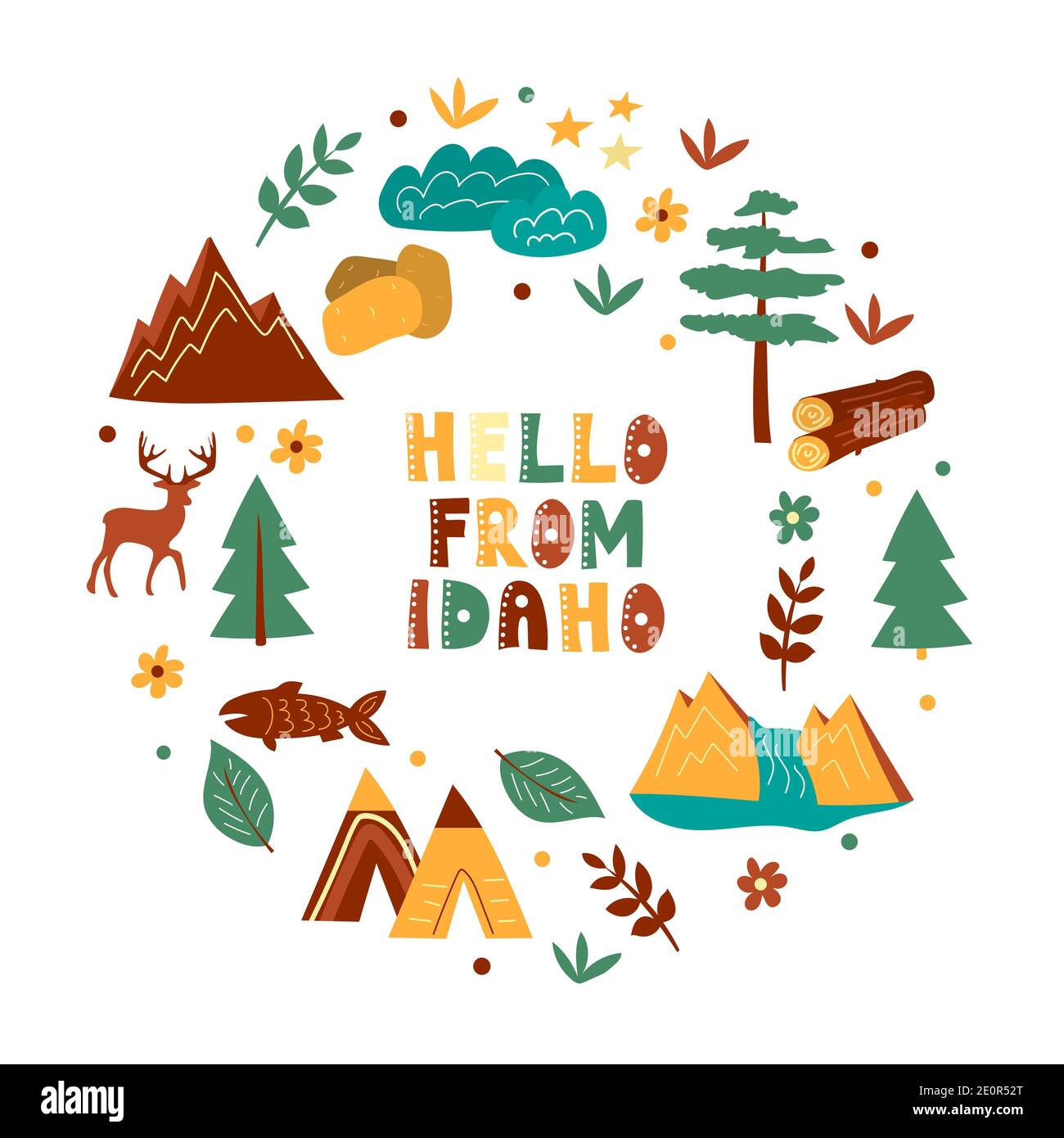 USA collection. Hello from Idaho theme. State Symbols round shape card ...
