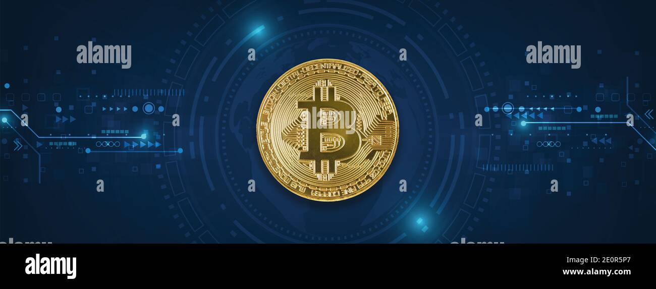 Golden bitcoin on blue tech circuits background - Crypto coins symbol ...