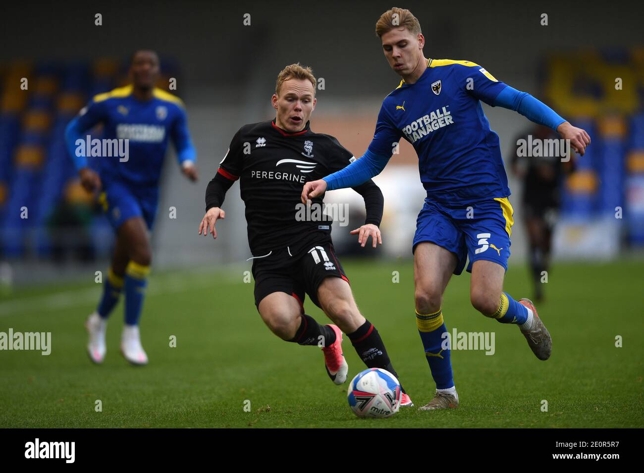 London, UK. 02nd Jan, 2021. AFC Wimbledon's Daniel Csoka and Lincoln ...