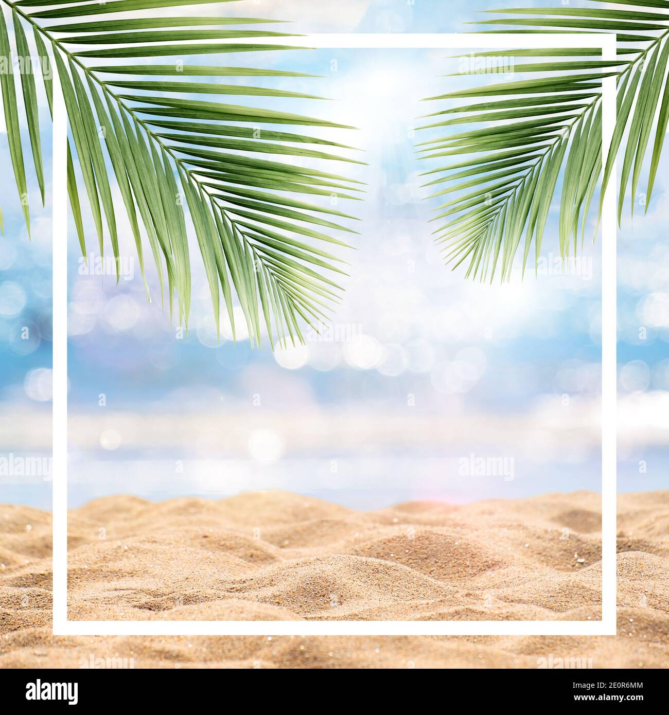 Summer background with frame, golden beach with rays of sun light and ...