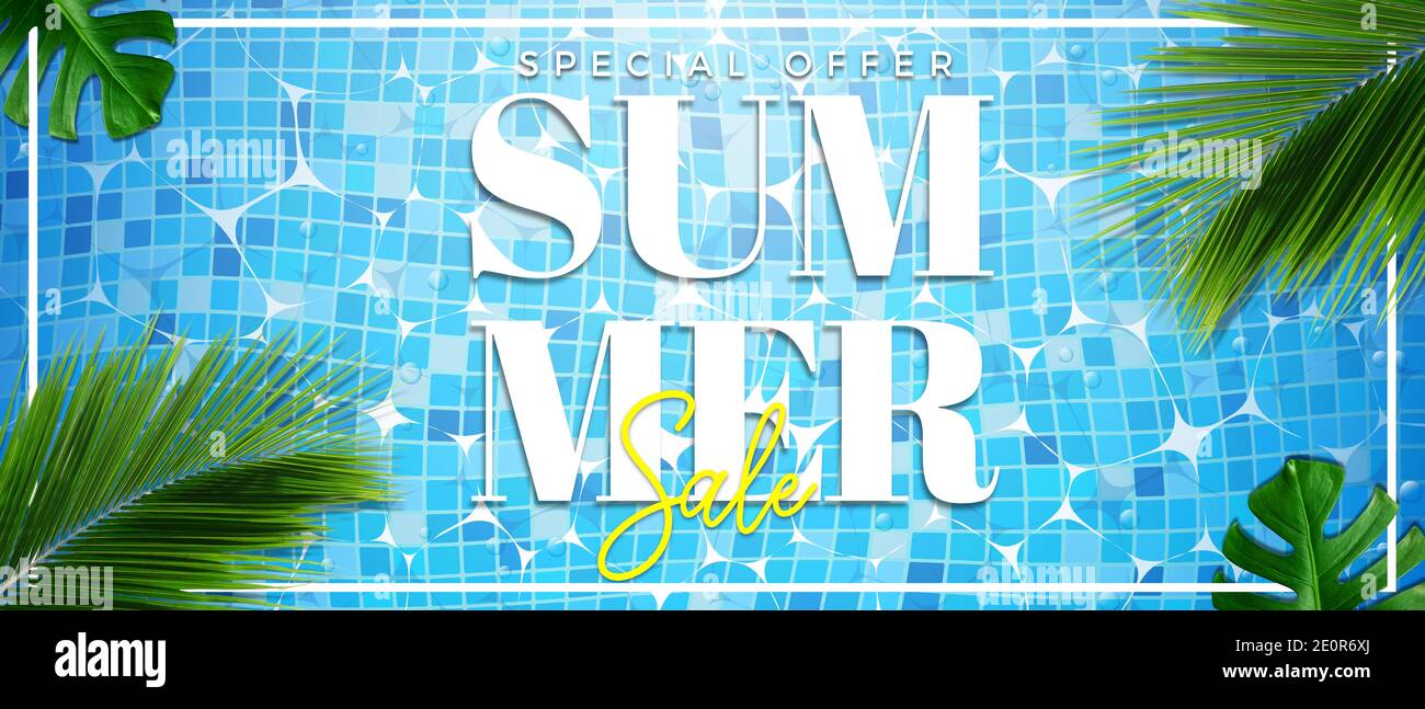 Summer card illustration. Top view of summer pool with palm and ...