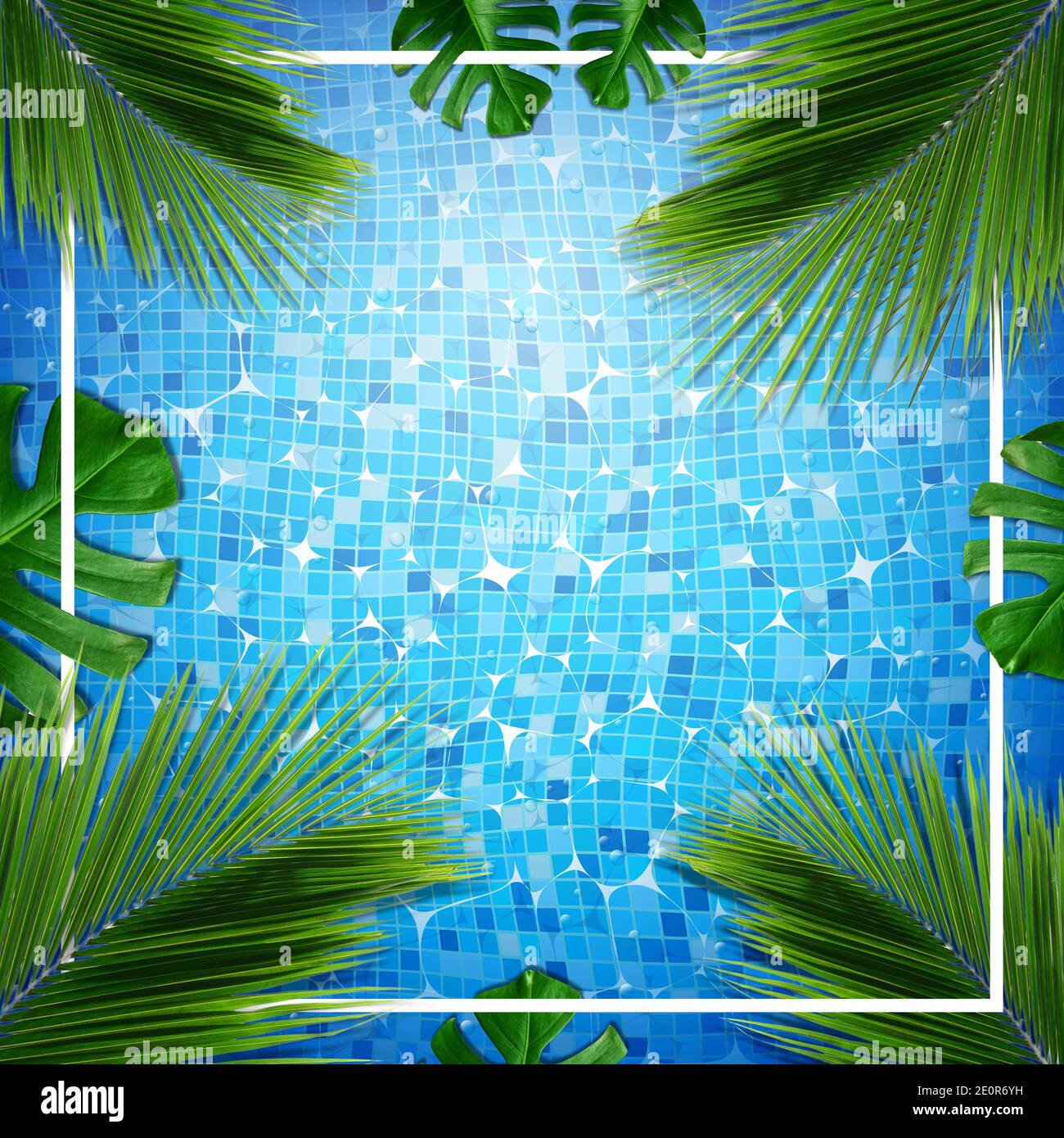 Summer card illustration. Top view of summer pool with palm and ...