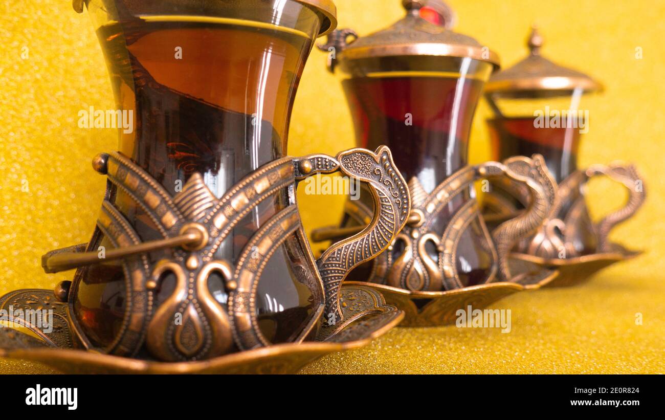 Arabic cups of tea. Traditional Turkish tea set Stock Photo - Alamy