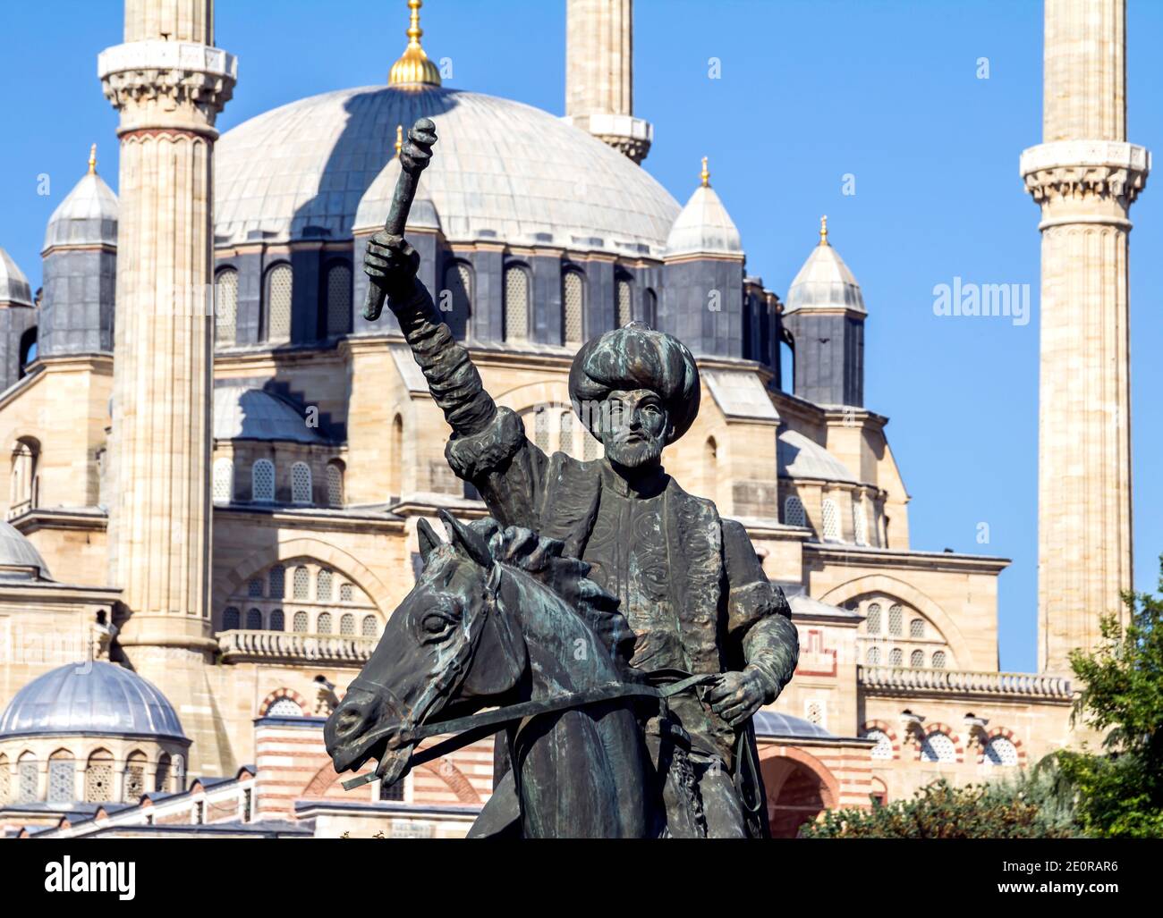 Statue of Fatih Sultan Mehmet and Selimiye Mosque in Edirne, Turkey ...