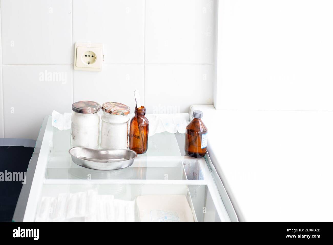 glass tables with medical instruments, cleanliness and sterility in the ...
