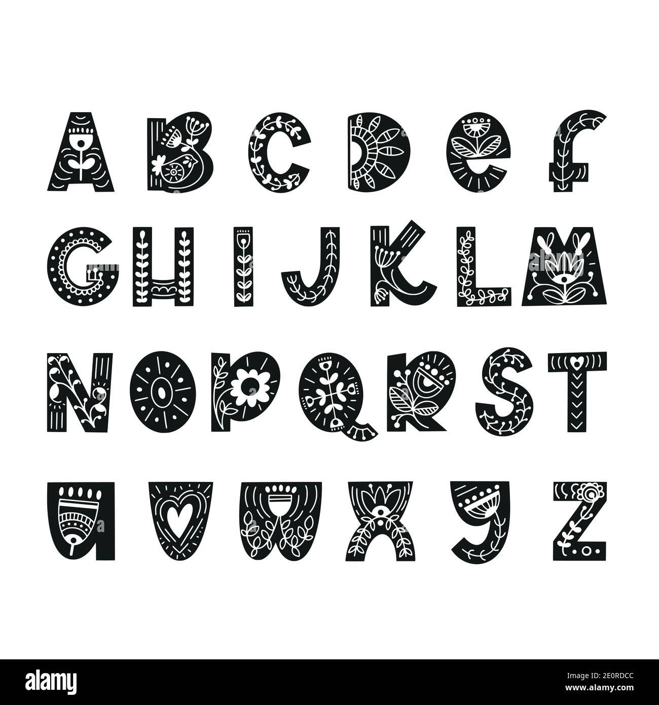 Hand drawn latin alphabet in scandinavian style. Folk art font with ...