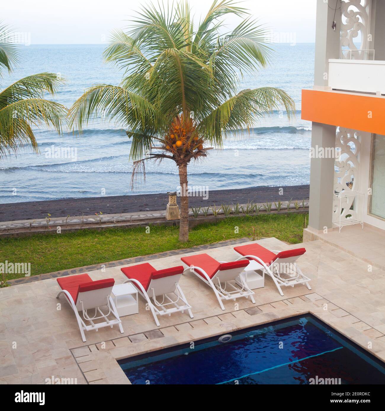 Sun chairs at the pool. Plastic sun loungers for tourists Stock Photo ...