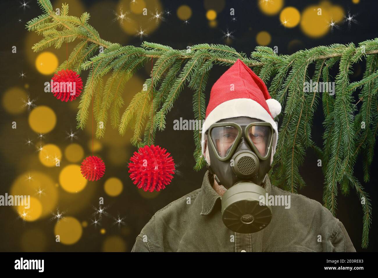 Christmas in 2020, a man with a gas mask and a Santa Claus hat is ...