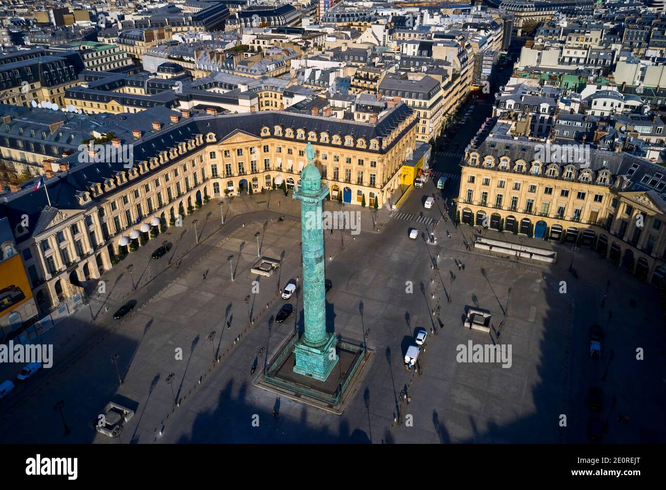 France, Paris, Place Vendome, the Vendome column with the statue of ...