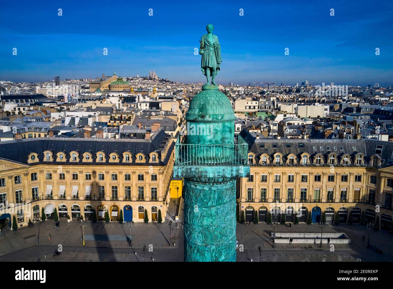 France, Paris, Place Vendome, the Vendome column with the statue of ...