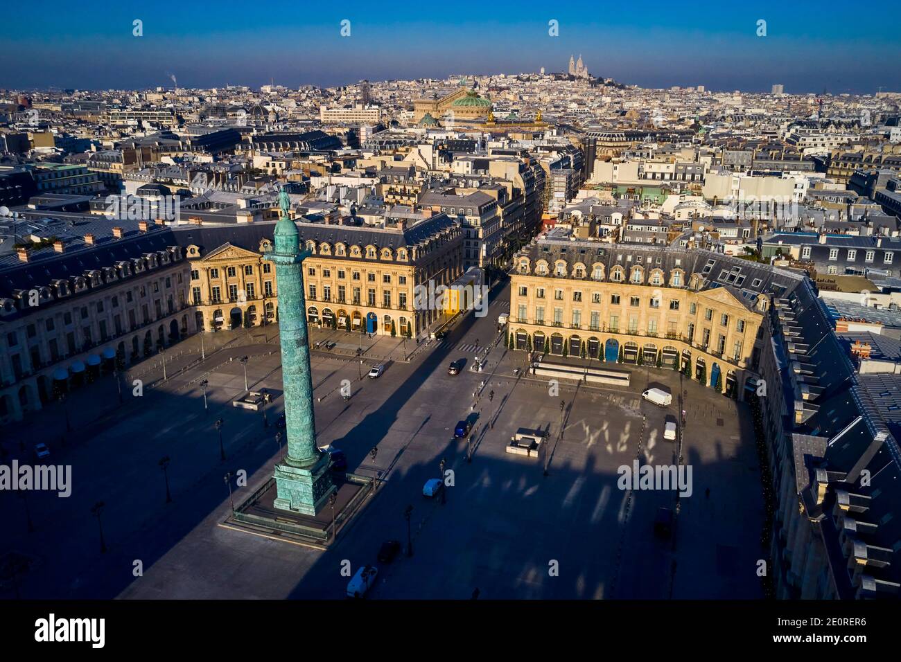 France, Paris, Place Vendome, the Vendome column with the statue of ...