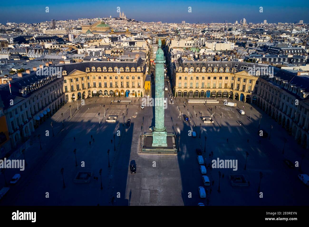 France, Paris, Place Vendome, the Vendome column with the statue of ...