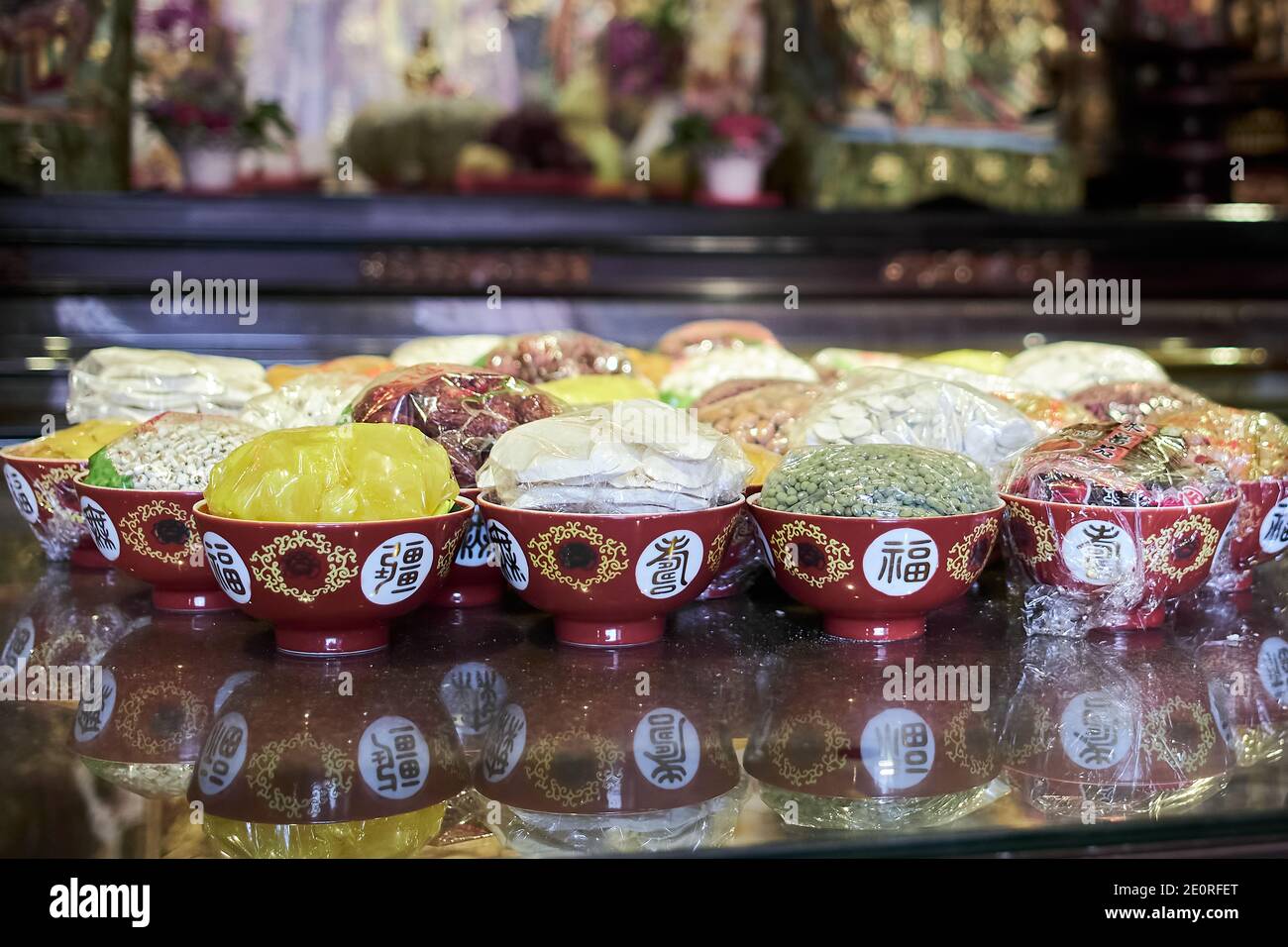 Bowls of offerings in Bangka Qingshan Temple in Taipei, Taiwan Stock ...
