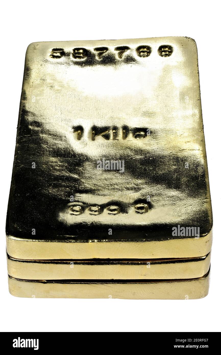 three 1 kg gold ingots isolated on white background Stock Photo - Alamy