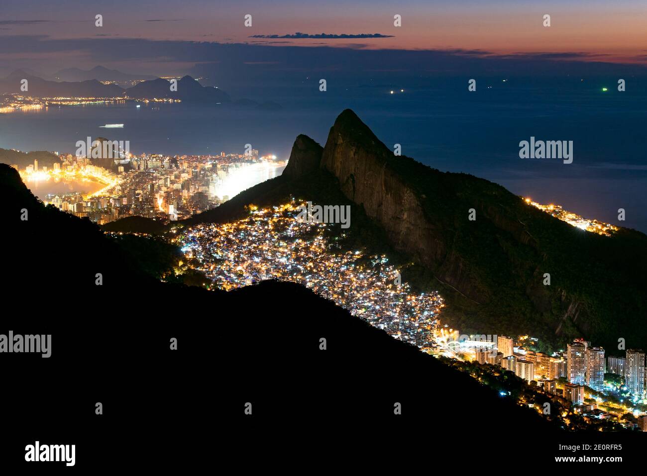 View of Rocinha Slum and Two Brothers Mountain at Night, in Rio de ...