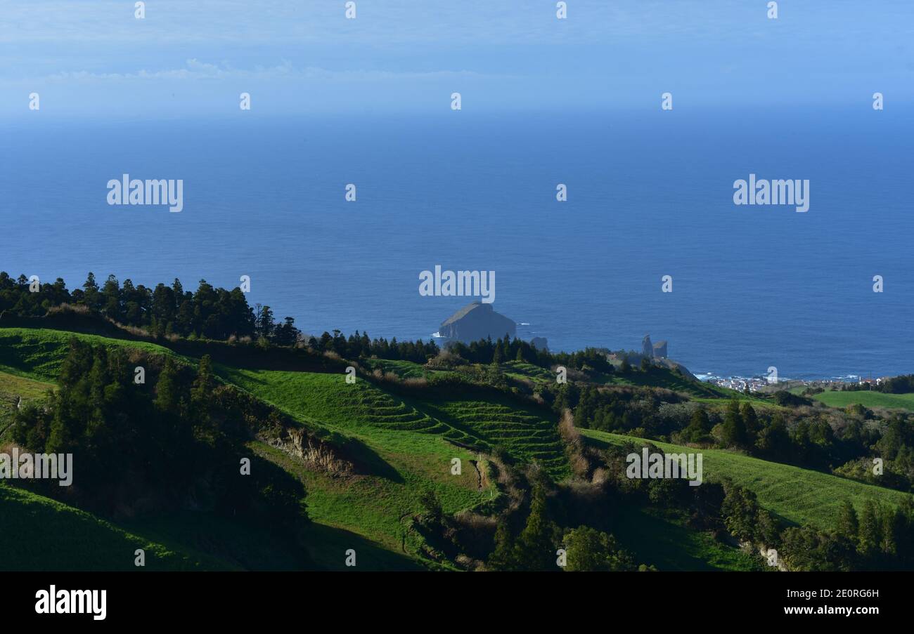 Beautiful view of terraced grass fields in the Azores Stock Photo - Alamy