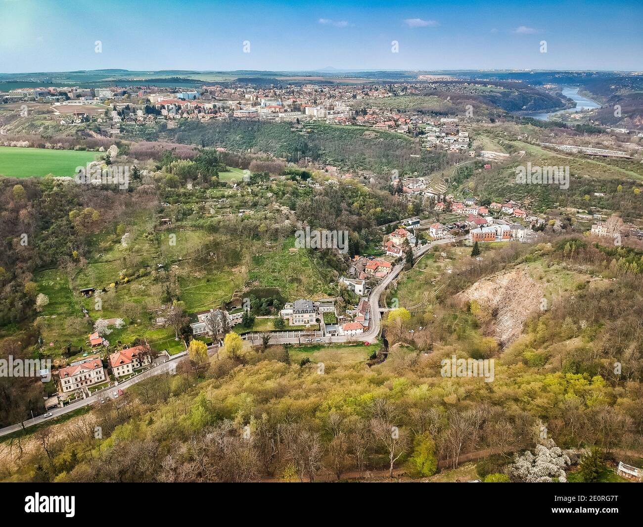 Aerial view of valley Dolni Sarka in Prague 6 with Suchdol in ...