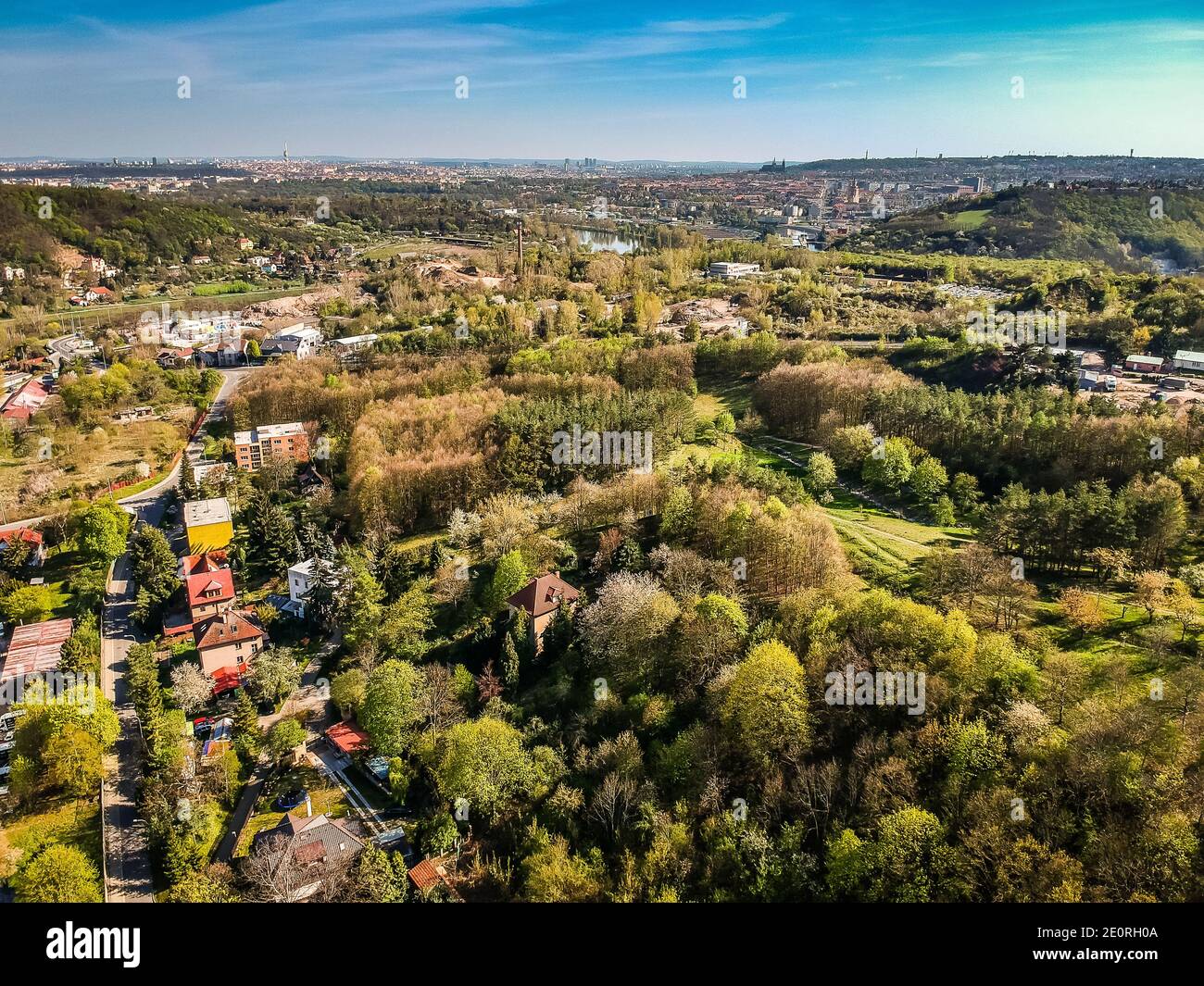 Aerial view of village Sedlec Suchdol, part of Prague 6 with view on ...