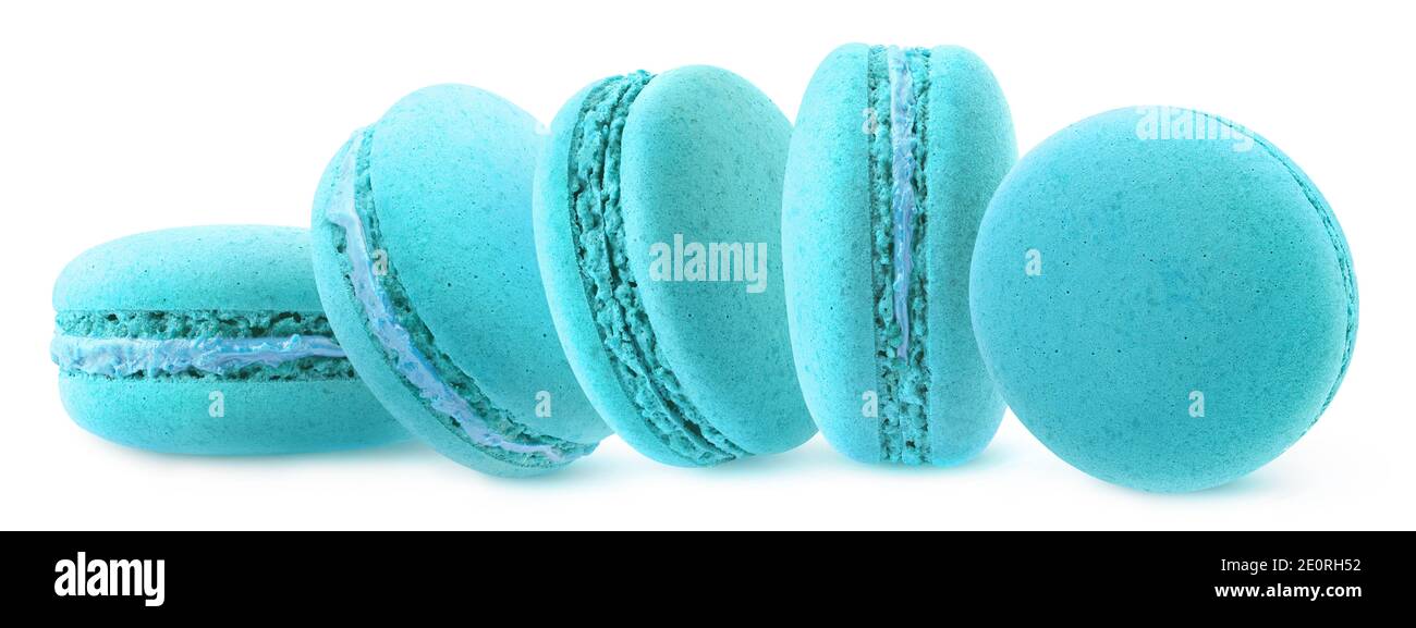 Five light blue macaroons in a row isolated on white background Stock ...