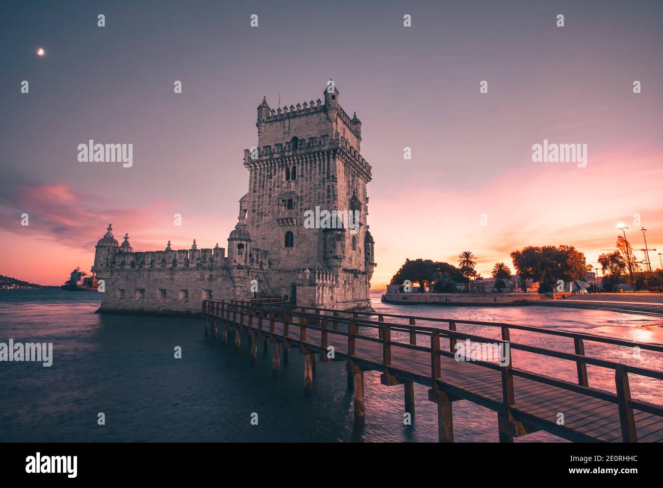 view of the historic Belem tower located in Lisbon in Portugal. It is a ...