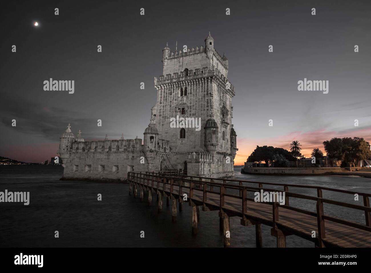 view of the historic Belem tower located in Lisbon in Portugal. It is a ...