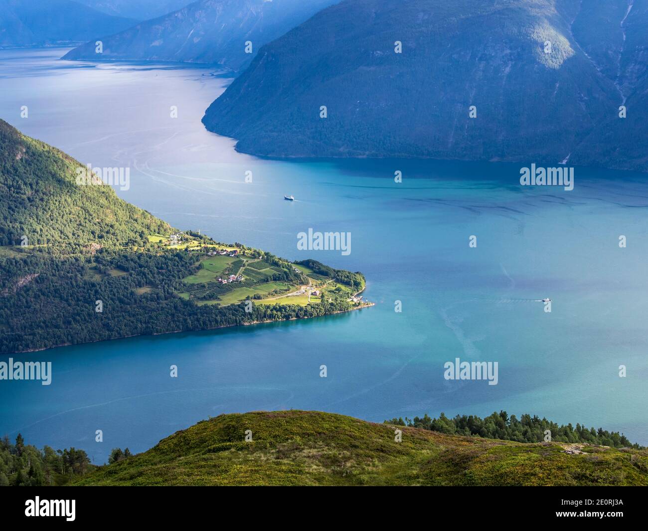 The Sognefjord at Urnes, ferry Urnes - Solvorn, freight ship, Norwy ...