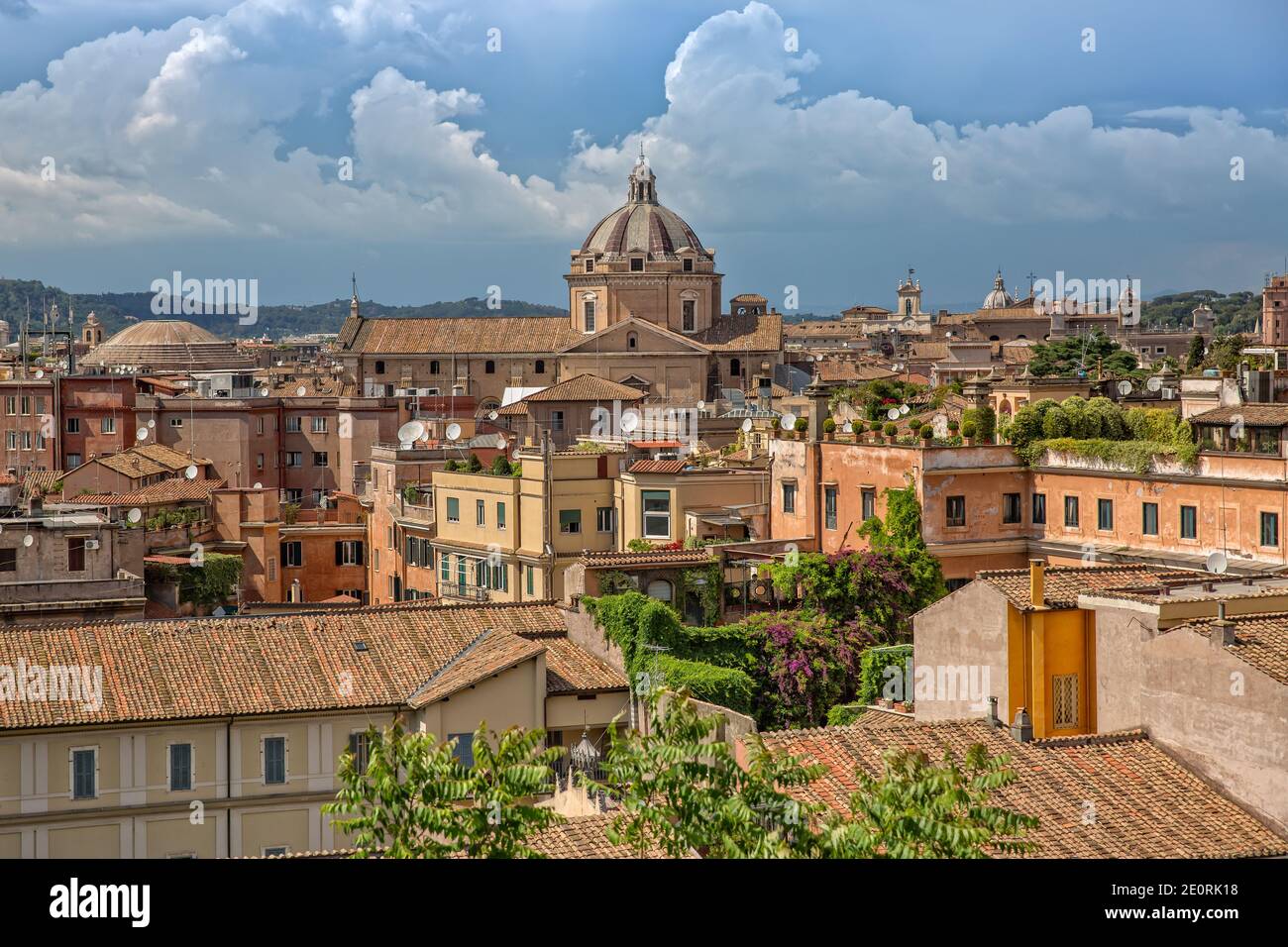 Rooftop view of the city skyline of Rome.Colorful vintage houses with ...