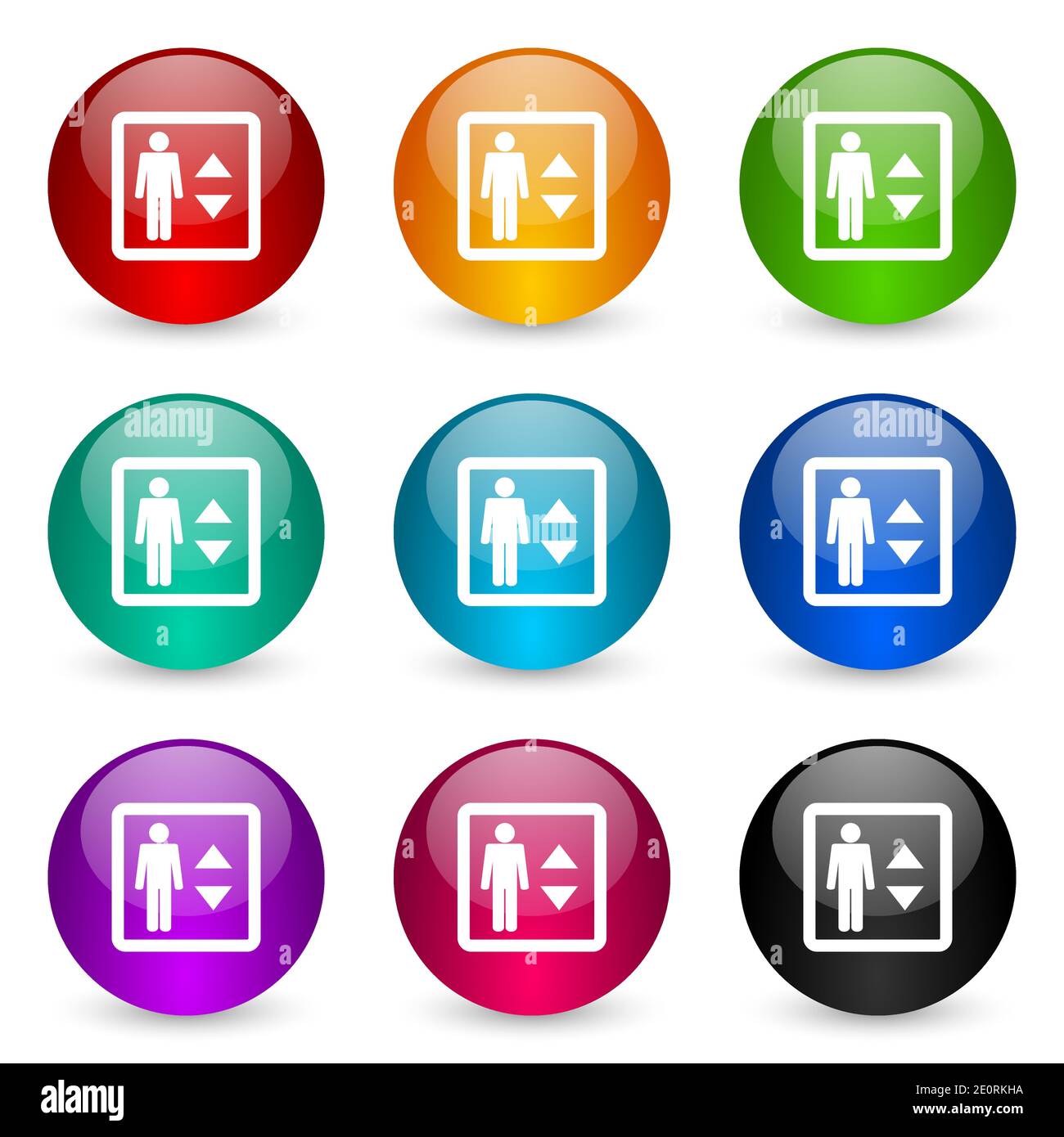 Elevator, lift vector icons, set of colorful glossy 3d rendering ball ...
