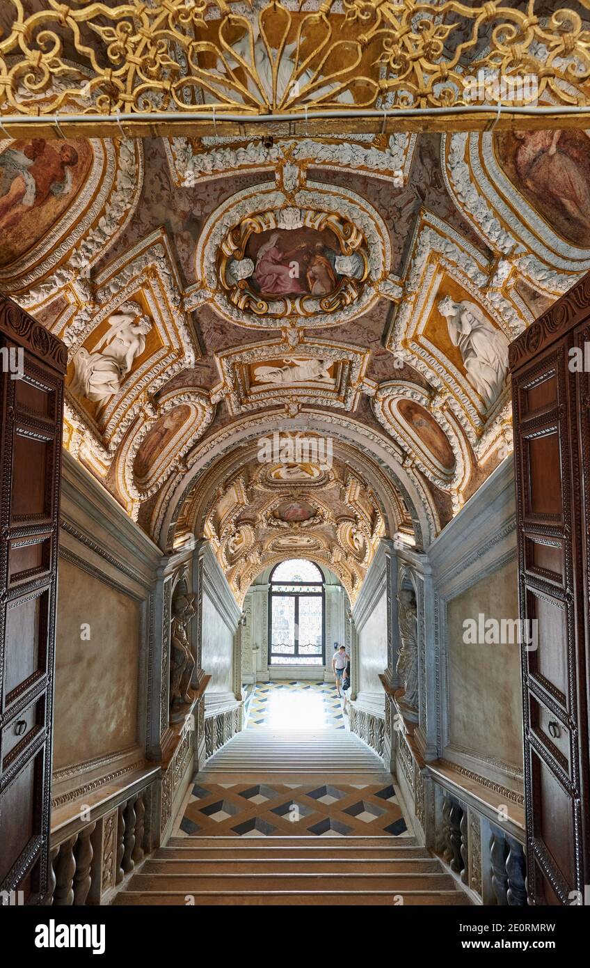 Ceiling painting and stucco in staircase Scala D'Oro, Doge's Palace ...