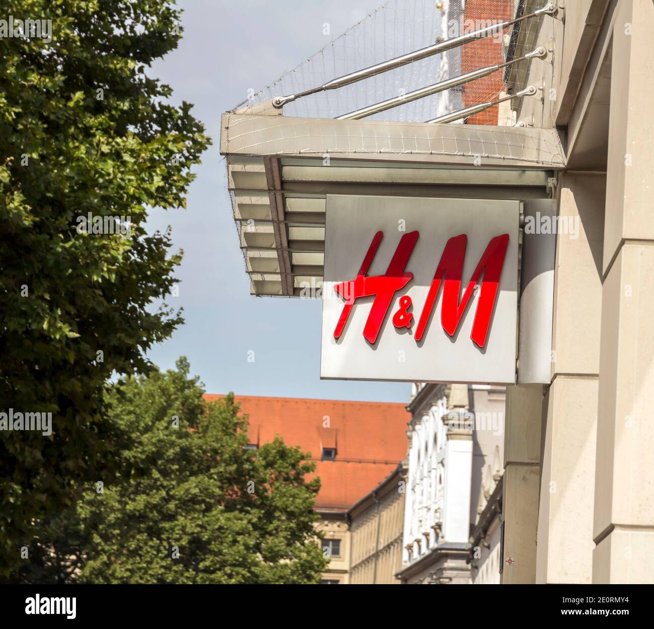 close up shot of H&M logo. H & M Hennes & Mauritz AB is a Swedish ...