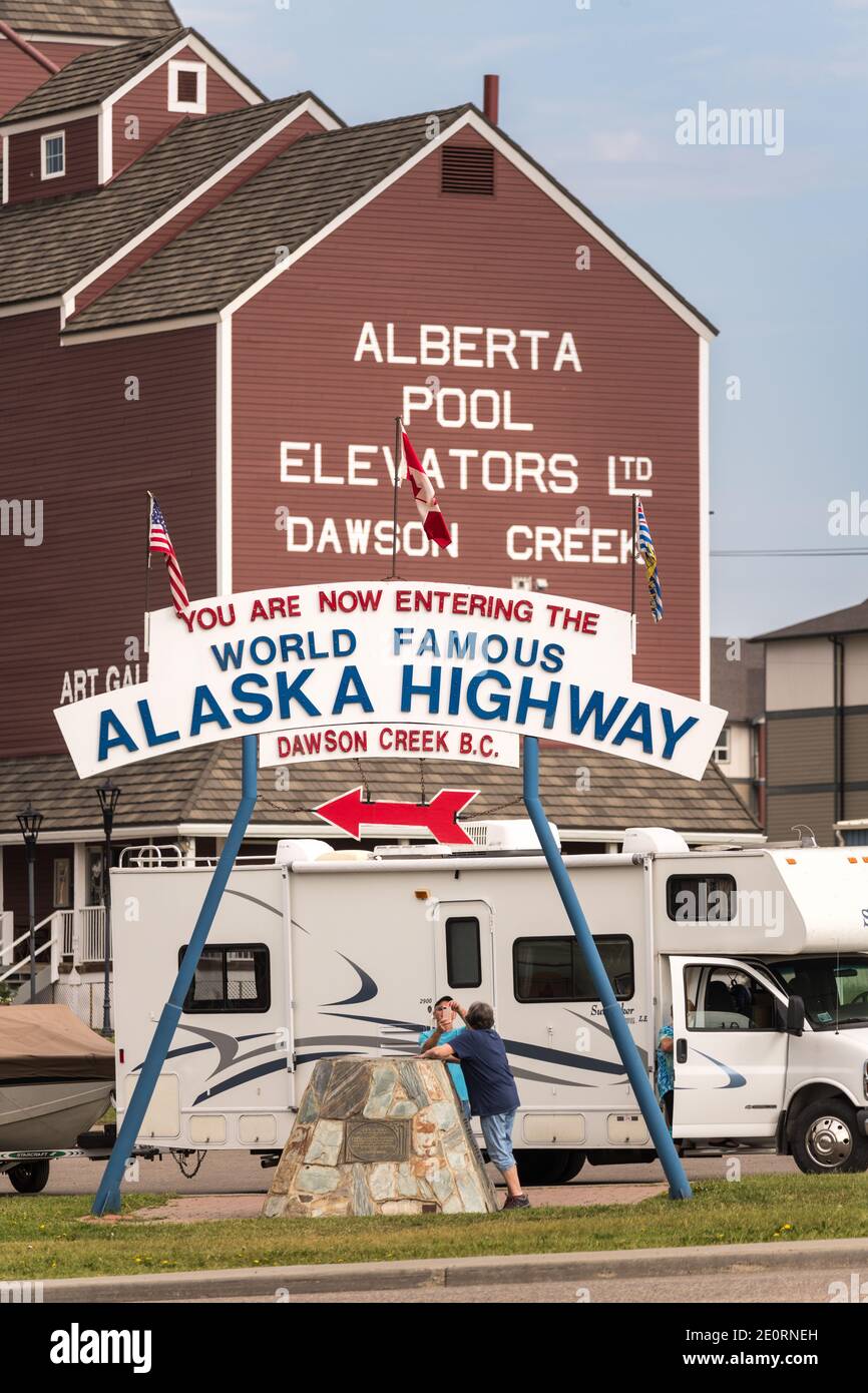 The Mile Zero marker at the official start of the Alaska Highway in ...