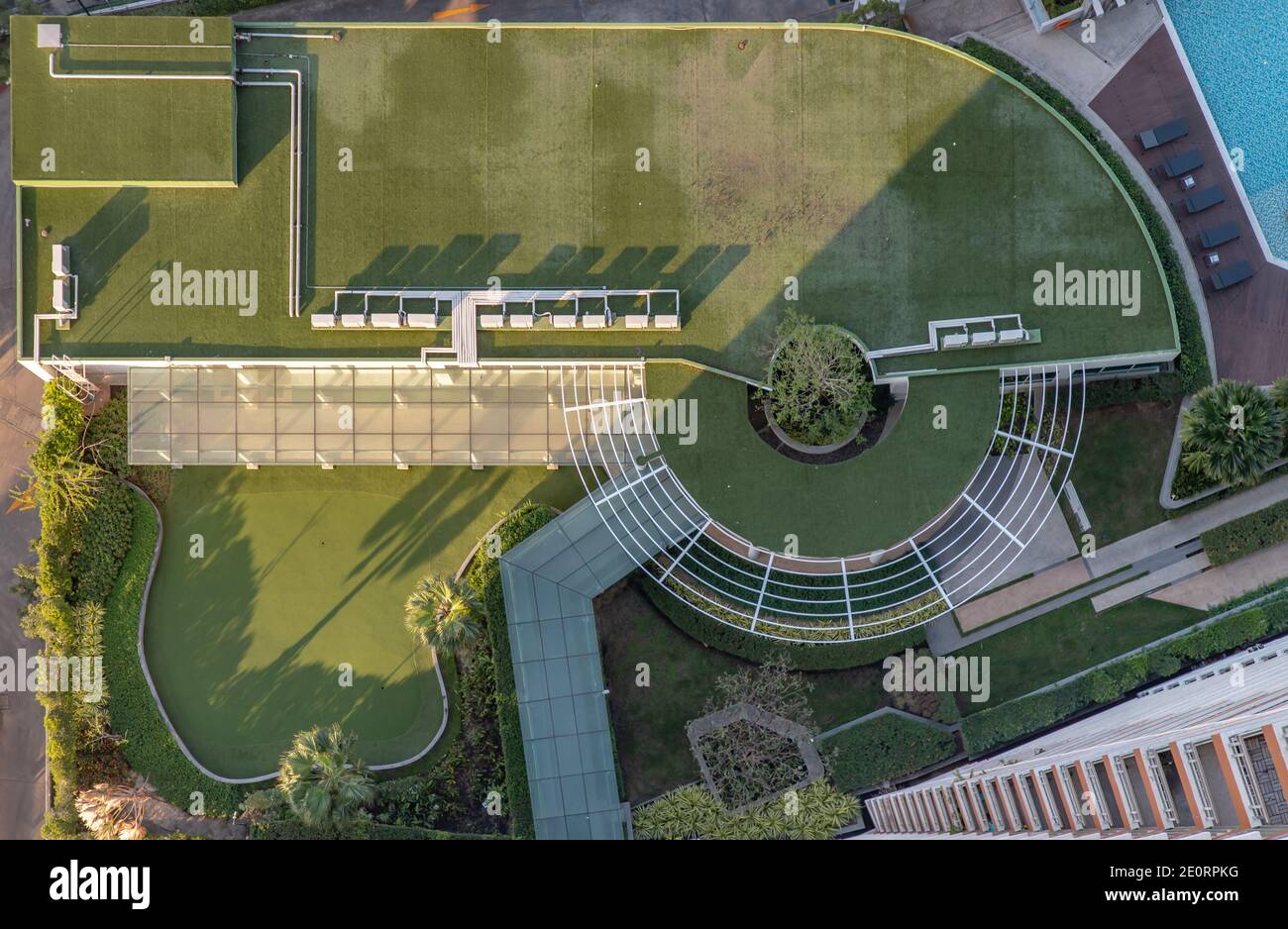 Top down aerial view of outdoor Green garden and Golf Driving Range ...