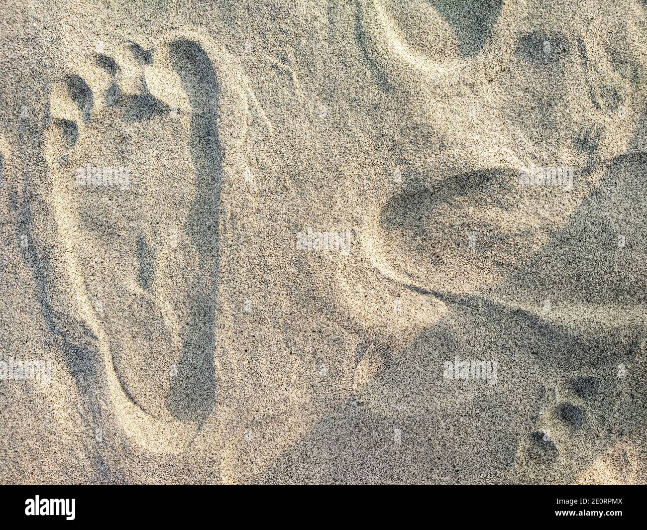 Texture background Footprints of human feet on the sand near the water ...