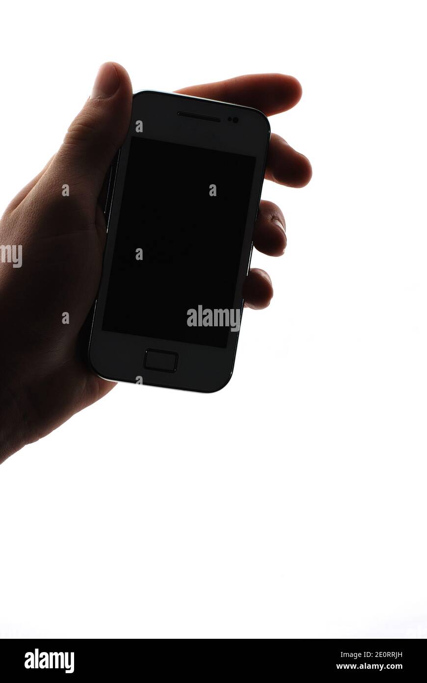 hand with big white telephone on white background view from above Stock ...