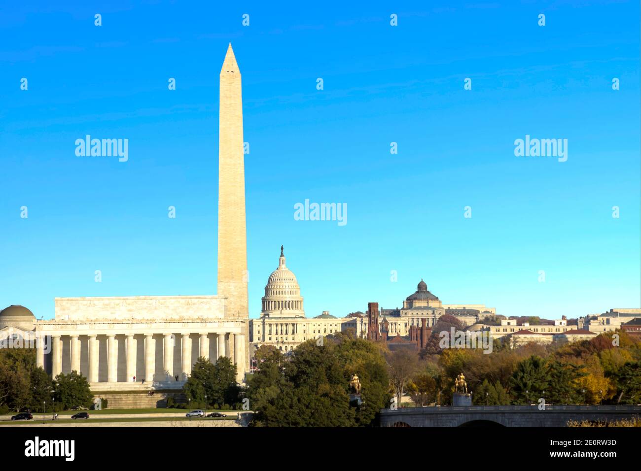 Washington DC skyline including Lincoln Memorial, Washington Monument ...