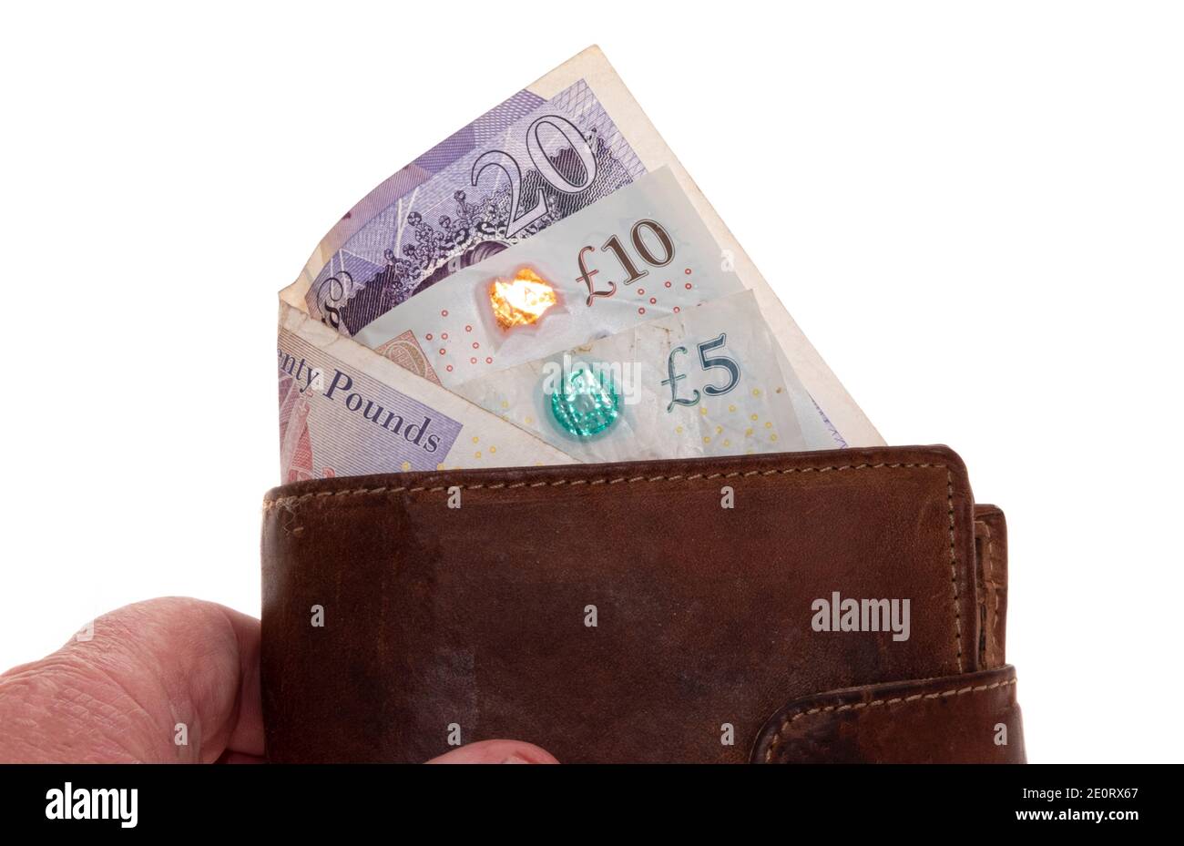 Brown leather wallet with UK currency - white background Stock Photo ...