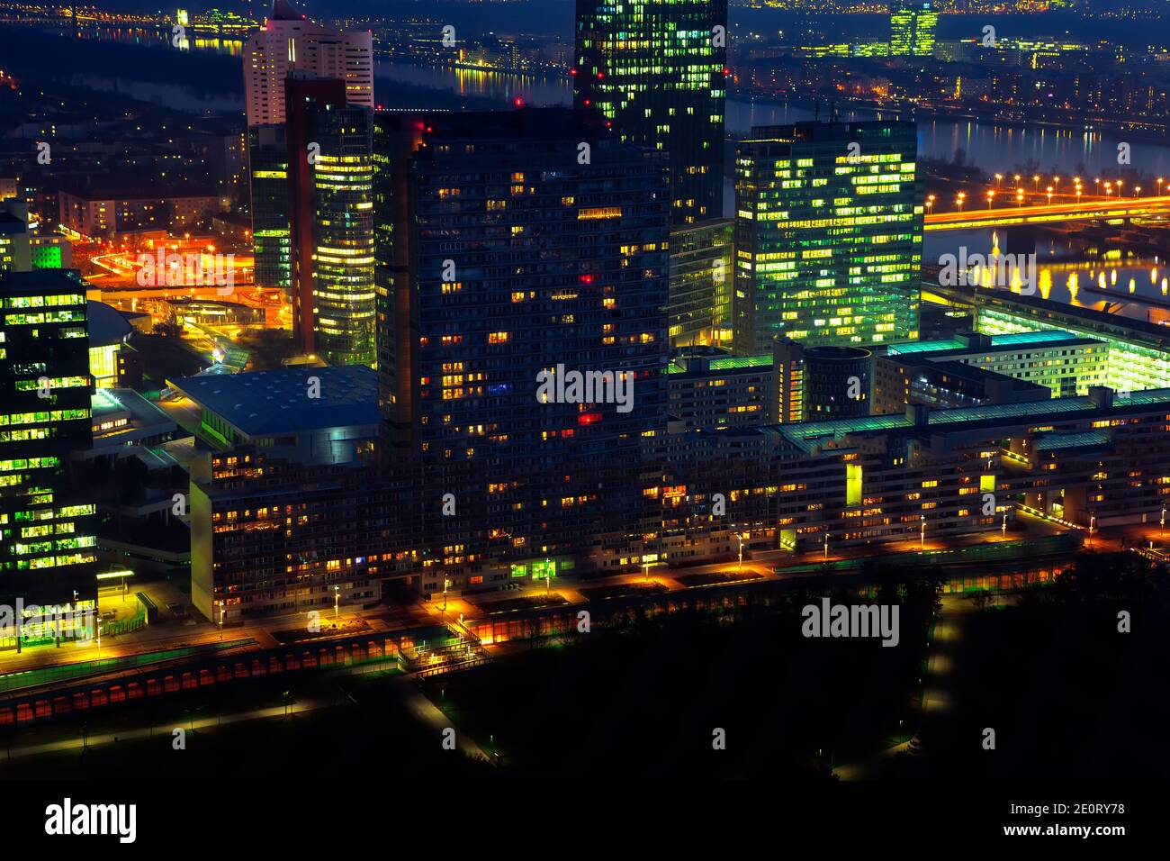 Vienna Modern District in the Night . Aerial View of Illuminated ...