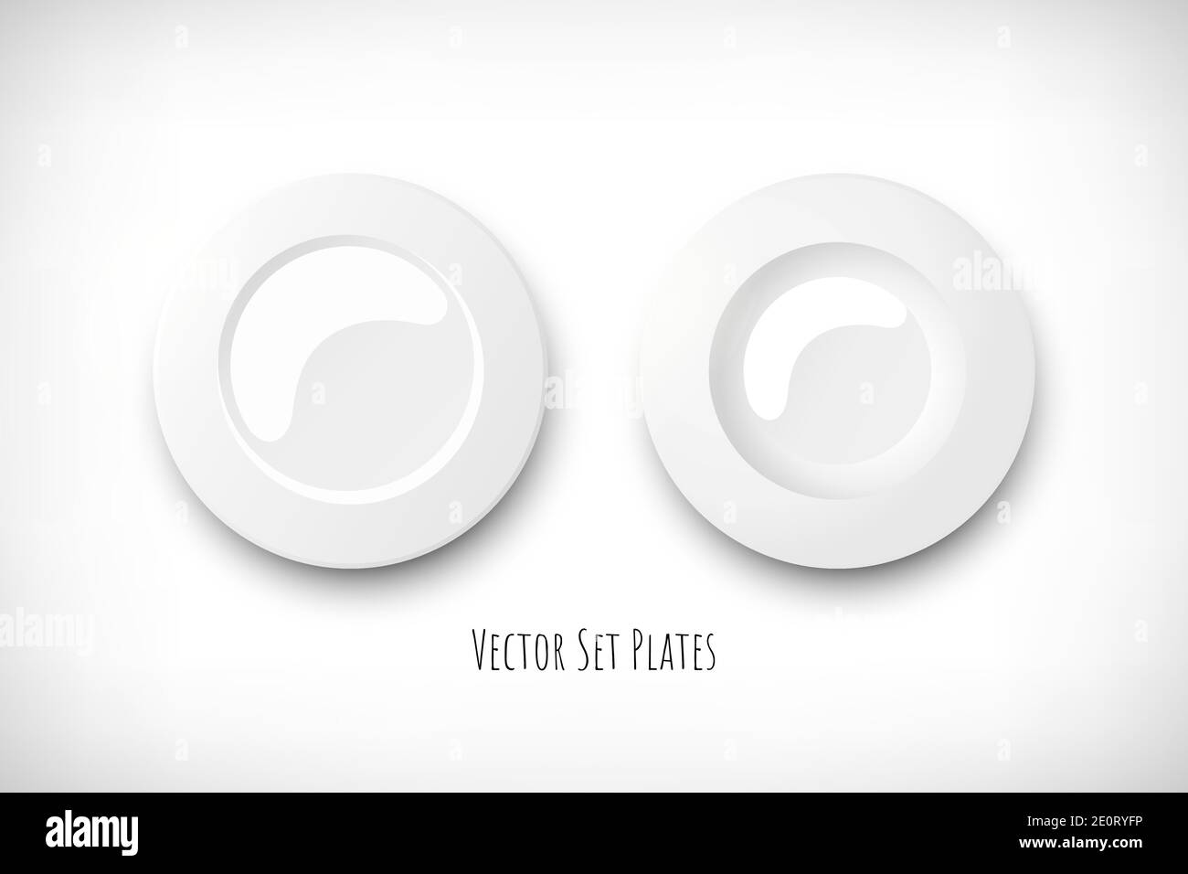 Set of two white empty round plates. Top view soup plate and classic ...