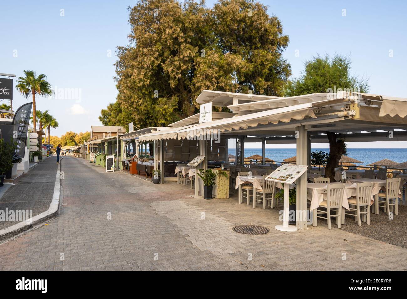 Santorini, Greece - September 18, 2020: Seaside promenade in Kamari ...