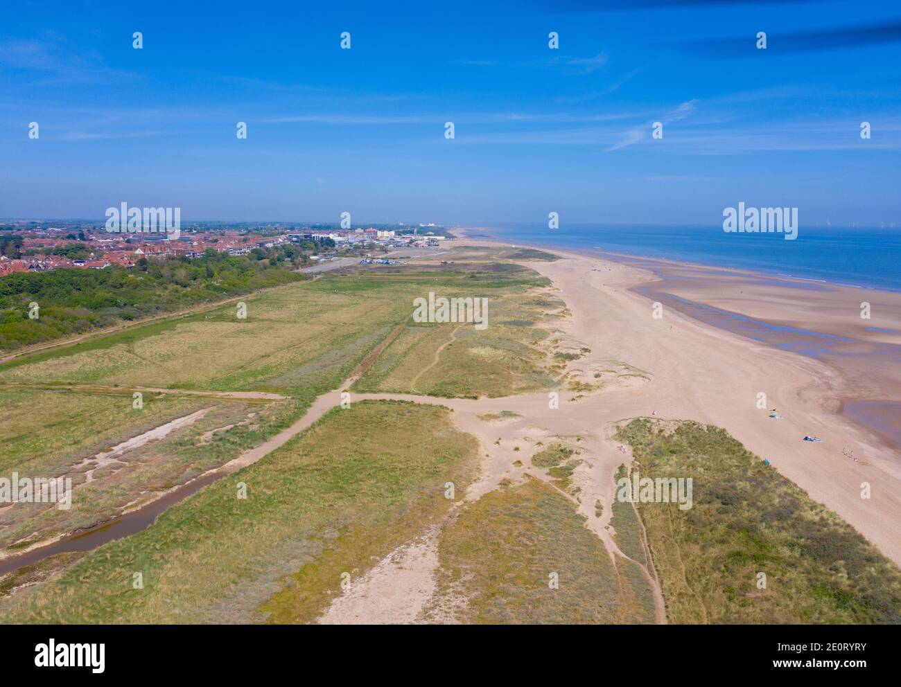Aerial photo of the beautiful beach in the town of Skegness showing the ...