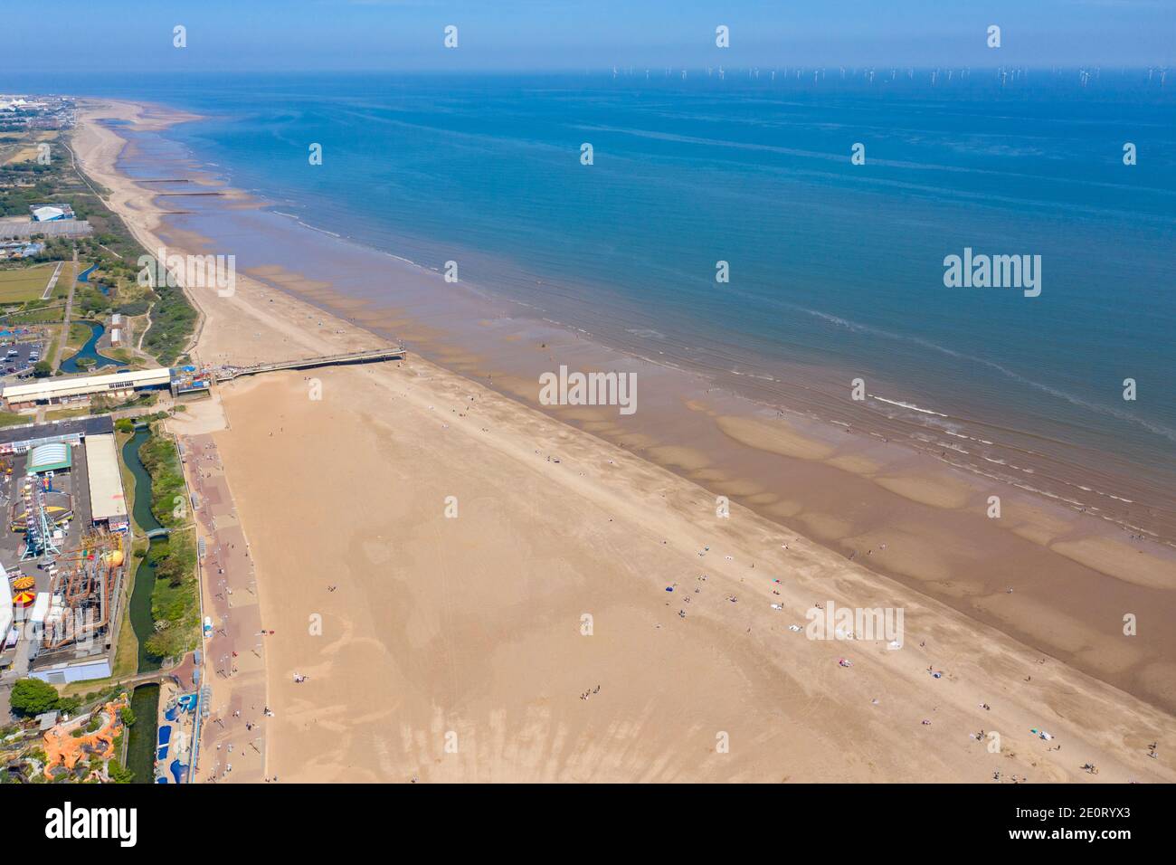 Aerial photo of the beautiful beach in the town of Skegness showing the ...