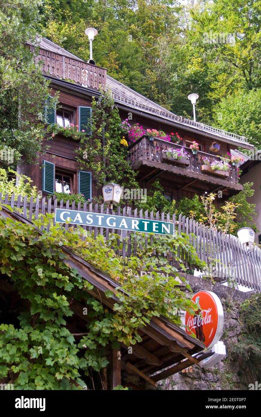 A restaurant in a traditional wooden building in Hallstatt, a scenic ...