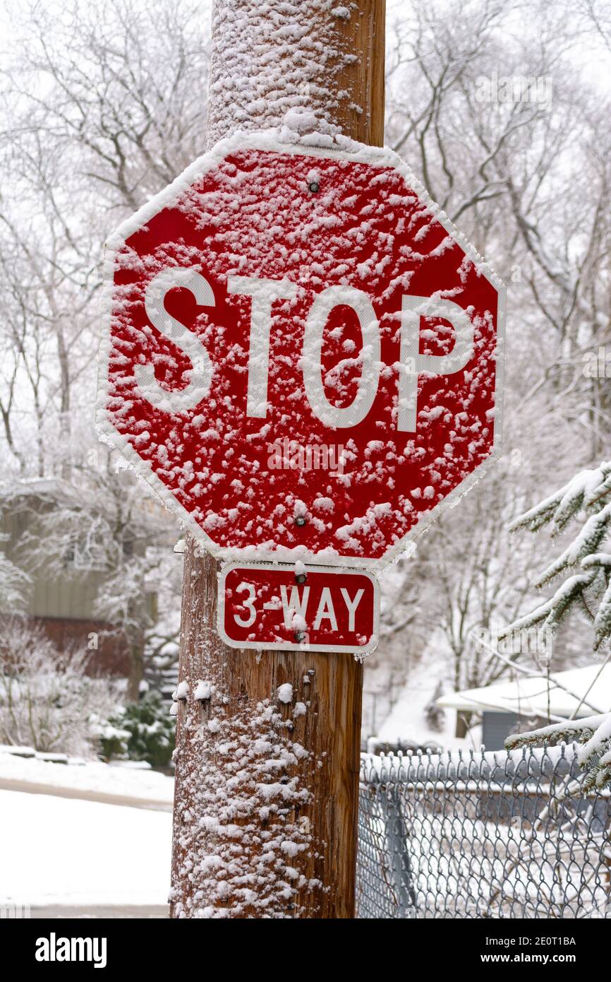 Snow covered stop sign after a Winter storm. LaSalle County, Illinois ...