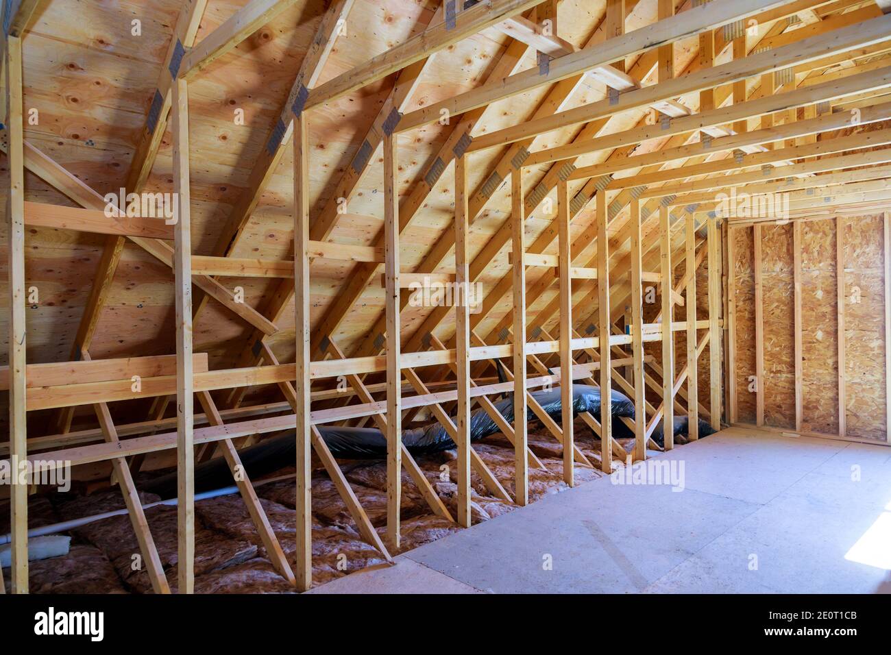 Frame walls beam built framework frame house attic under construction ...
