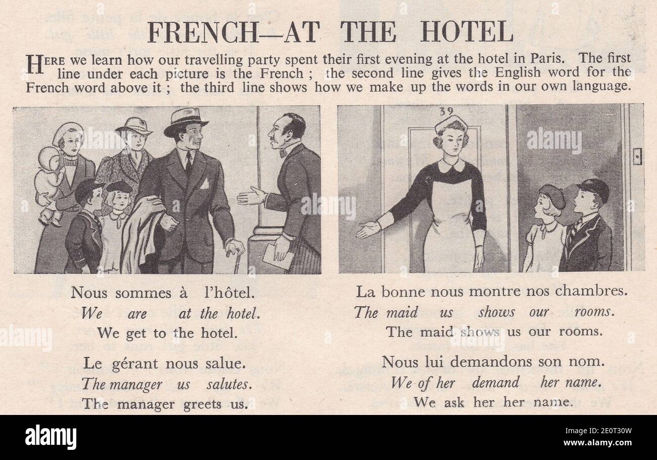 French - At the Hotel. Vintage story for the learning of French Stock ...